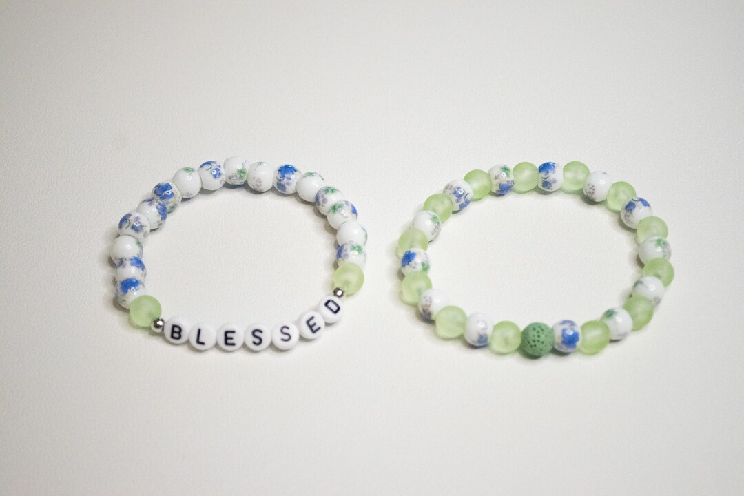 Set of 2 Blessed Green Floral Bracelet, Glass and Ceramic Beaded ...