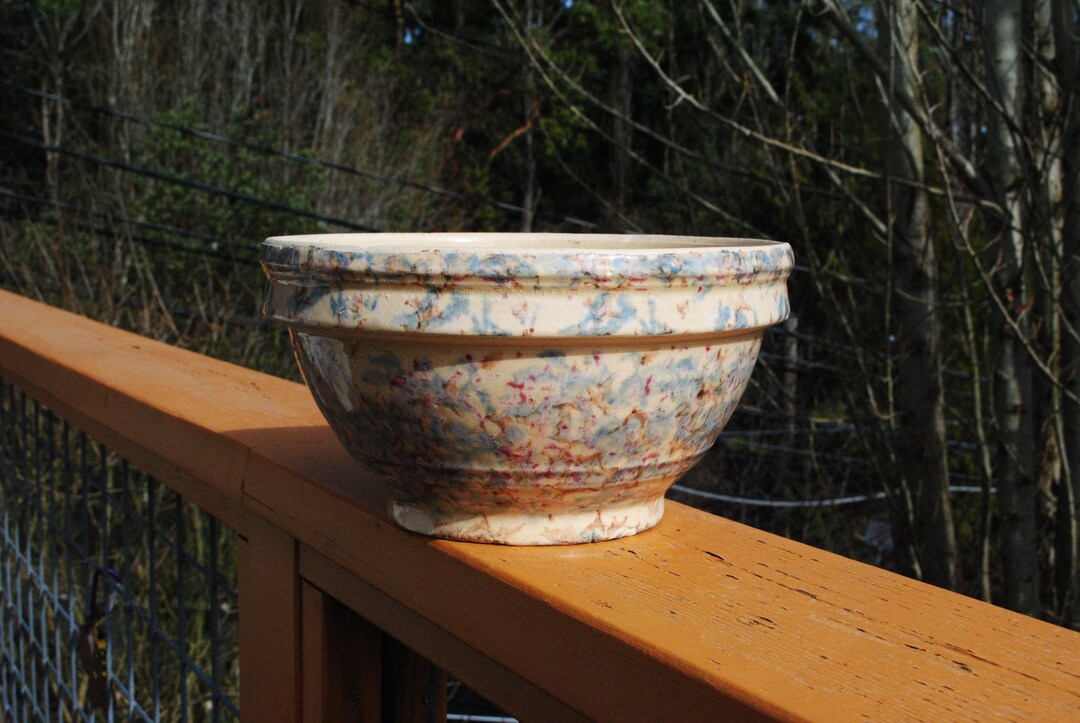Antique Spongeware Mixing Bowl 9 1/4" Soft Maroon, Blue Small Cracks - Etsy