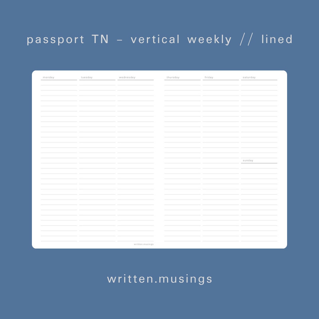 Passport TN Printable Insert - Vertical Weekly (lined) // Traveler's ...