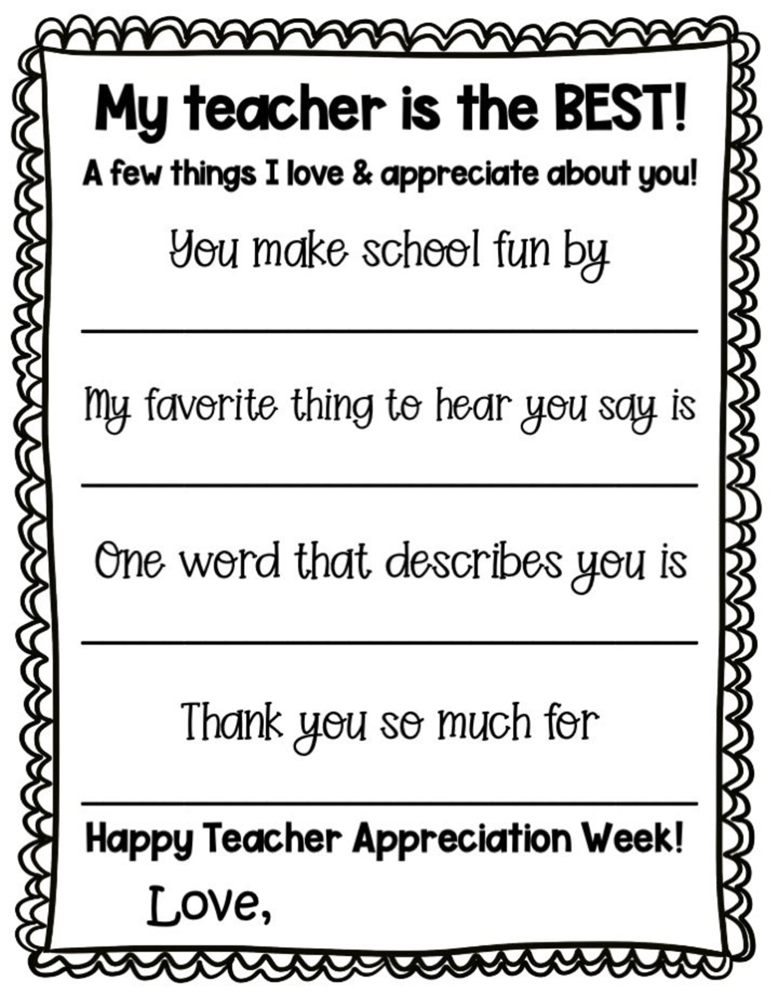Teacher Appreciation Printable/ Teacher Fill in the Blank / My Teacher ...