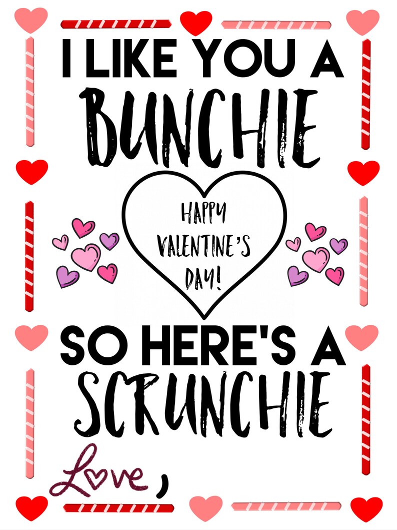 Scrunchie Valentine Printable/ I Like You a Bunchie Gift Tag/classroom ...