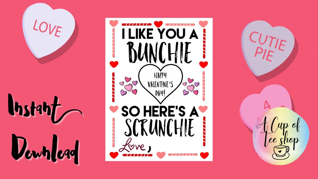 Scrunchie Valentine Printable/ I Like You a Bunchie Gift Tag/classroom ...