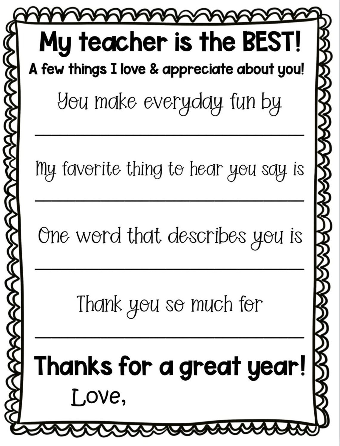 End of the Year Teacher Printable/ Fill in the Blank / My Teacher is ...