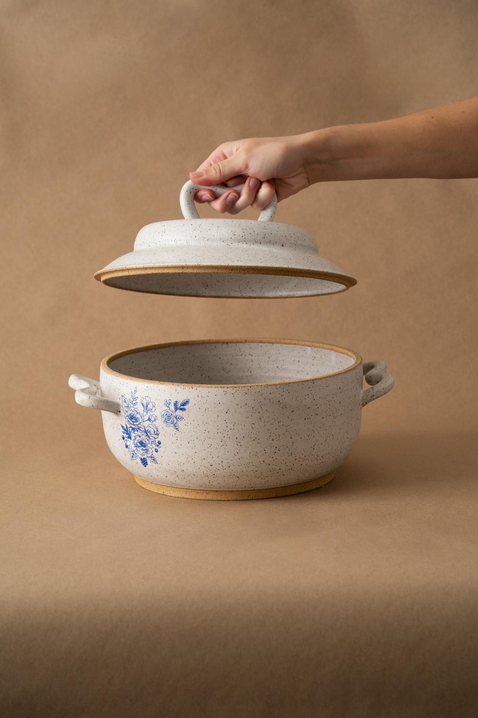 Vintage Ceramic Dutch Oven: Handmade Baking Pot With Blue Floral Design ...