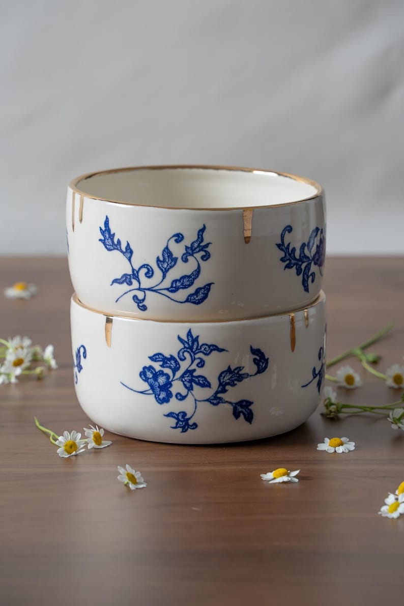 Handmade Porcelain Bowl: Blue Floral Design With Gold Rim - Etsy