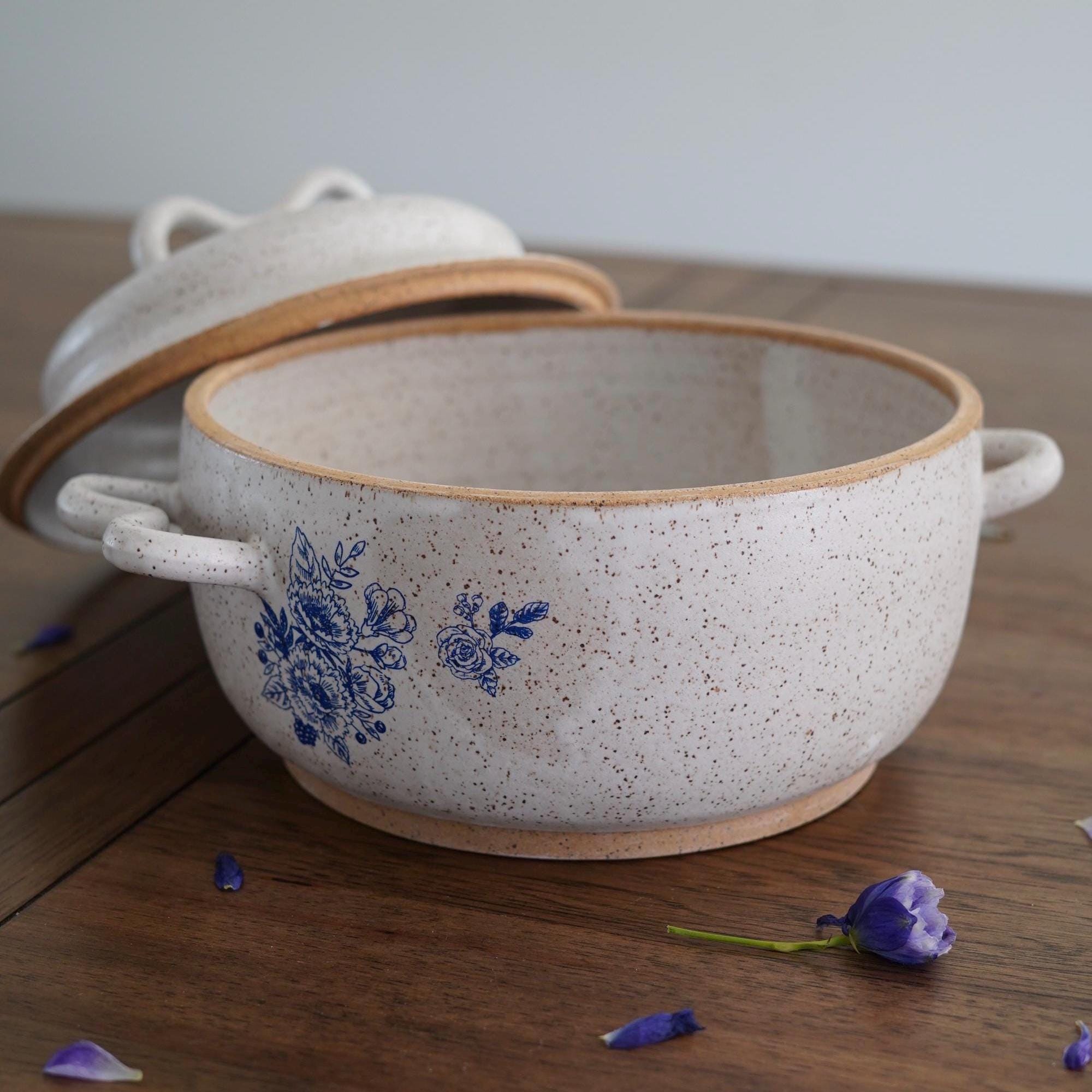 Vintage Ceramic Dutch Oven: Handmade Baking Pot With Blue Floral Design ...