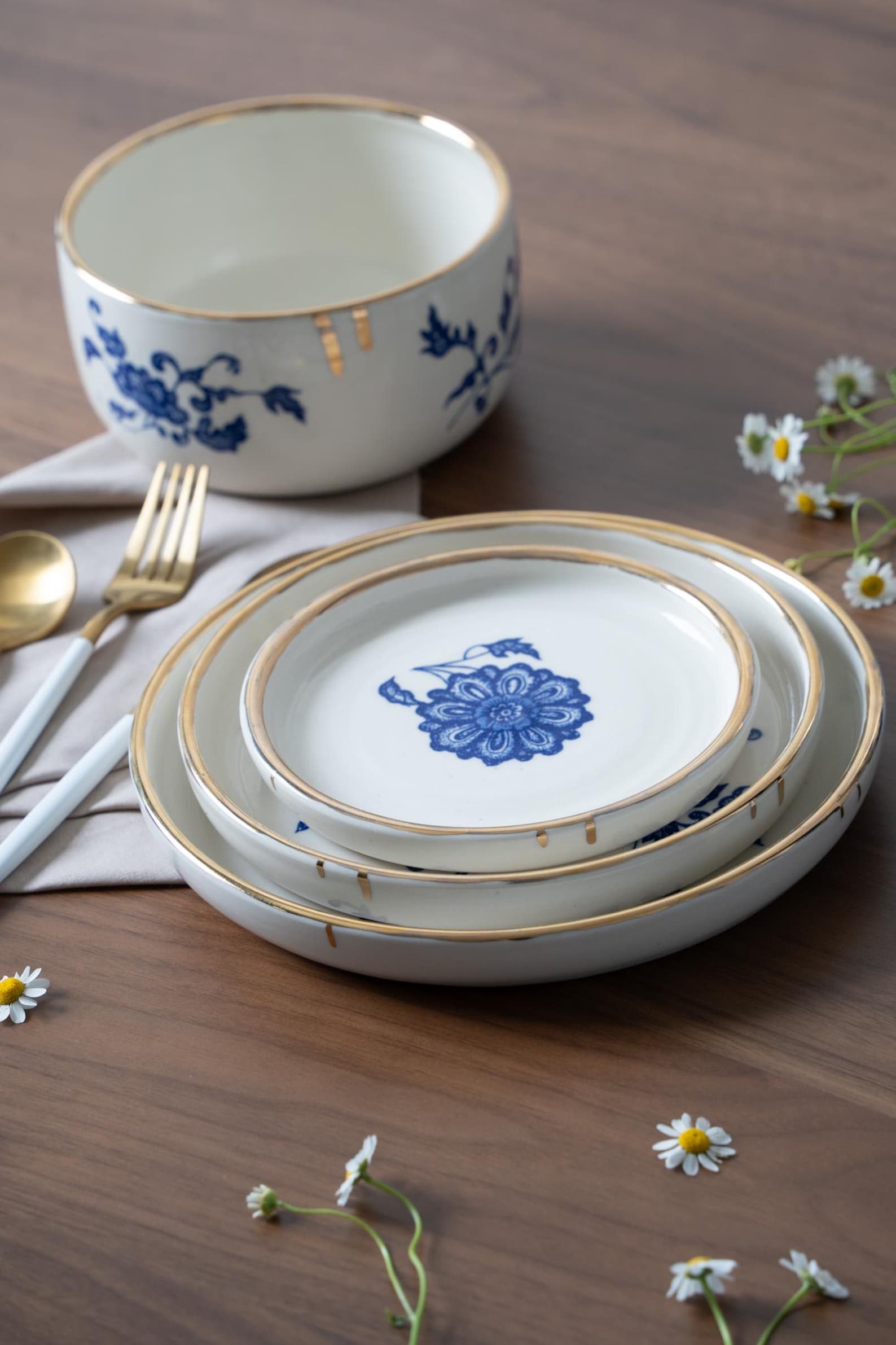 Handmade Porcelain Bowl: Blue Floral Design With Gold Rim - Etsy
