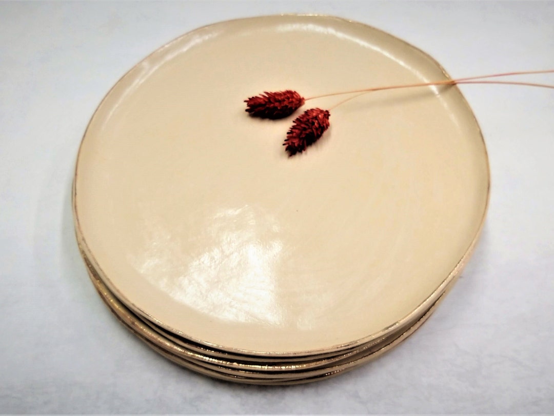 Cream Dinner Plate Set, Pottery Plates With Gold Rims, Ceramic ...