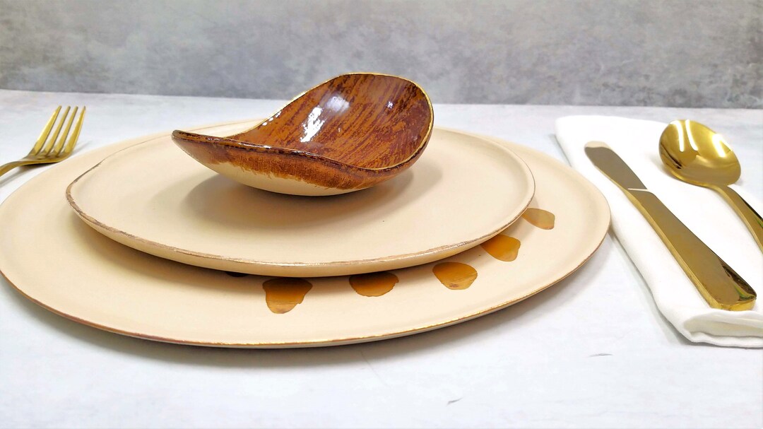 Ceramic Brown Dinnerware With 24k Gold Accents, Modern Handmade ...