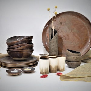 Rustic Ceramic Brown Blue Dinnerware - Table Setting Inspiration - Etsy