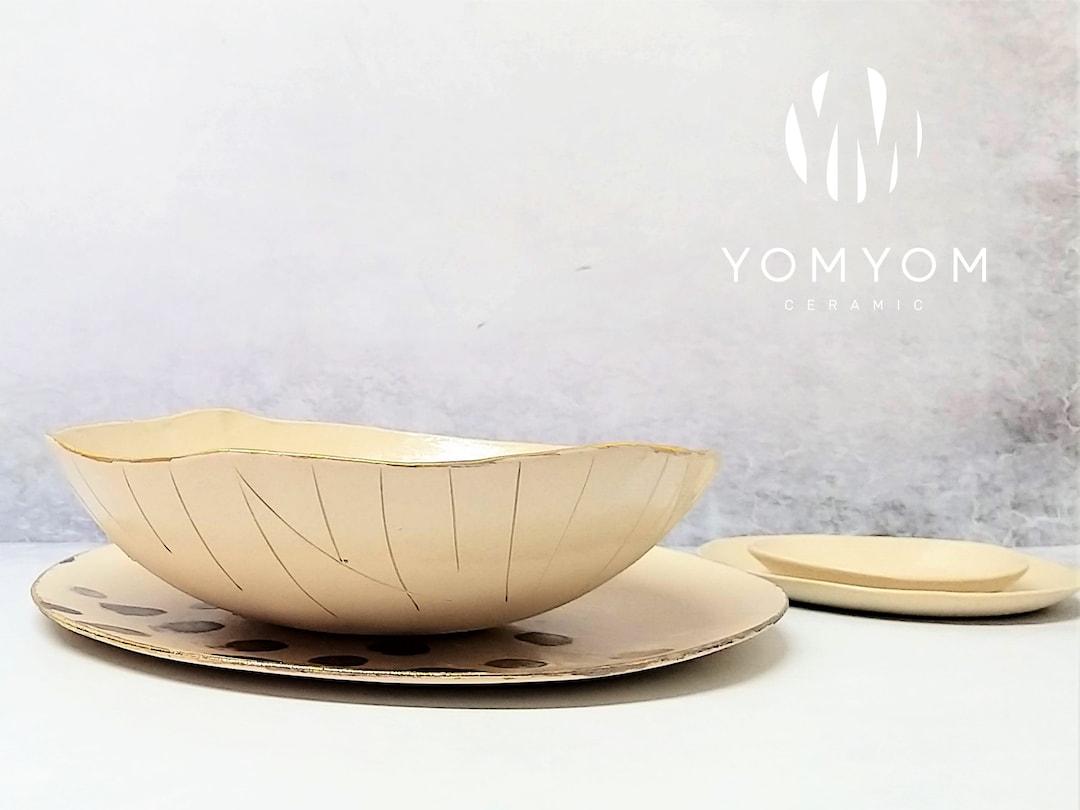 Cream Dinnerware Set for 4, Unique Organic Dinner Set, Ceramic Set ...