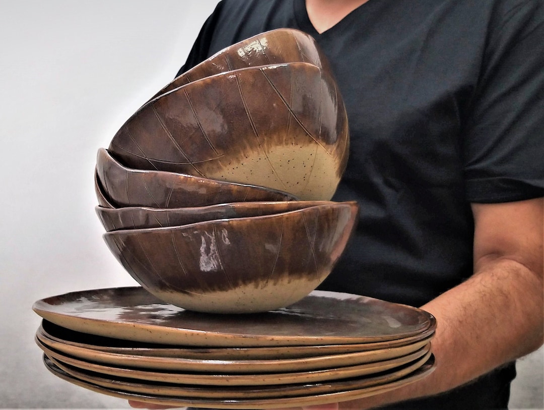 Rustic Brown Ceramic Dinnerware Set – Handmade Pottery Plate and Bowl ...