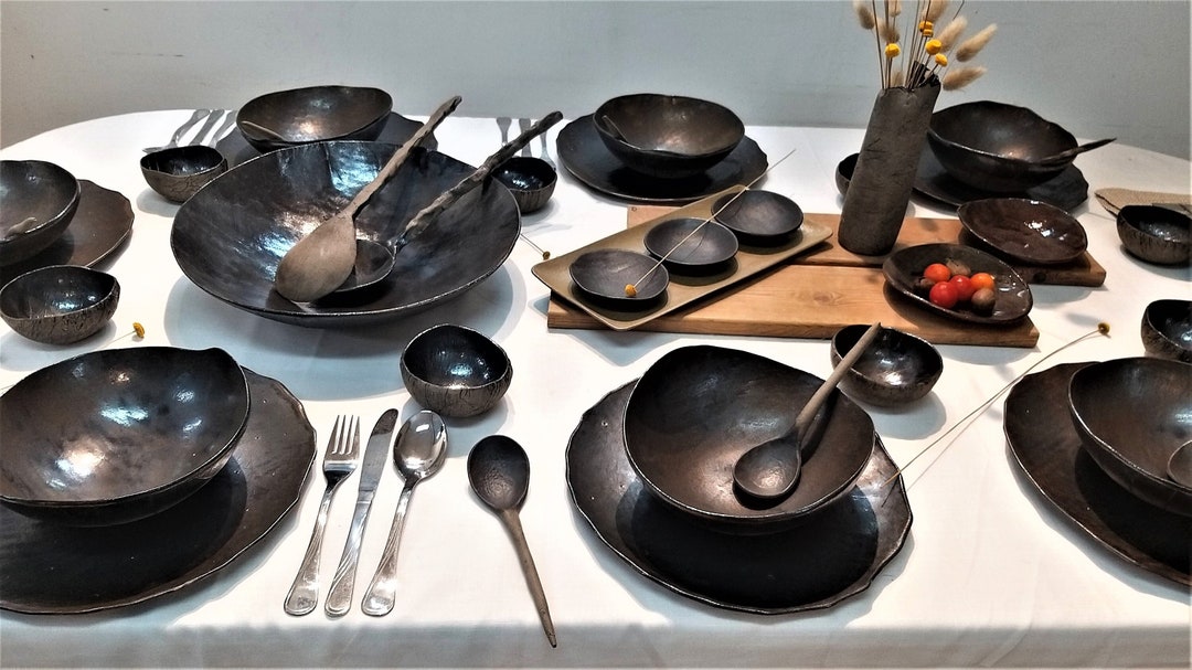 Complete Dinner Set of 33 Pieces, Black Tableware Set, Full Dish Set ...