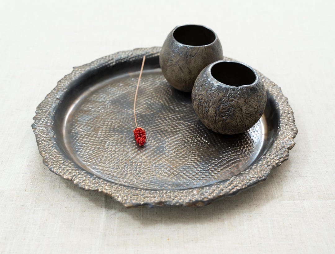 Black Ceramic Serving Set, Round Black Tray, Ceramic Tea Tray Set ...
