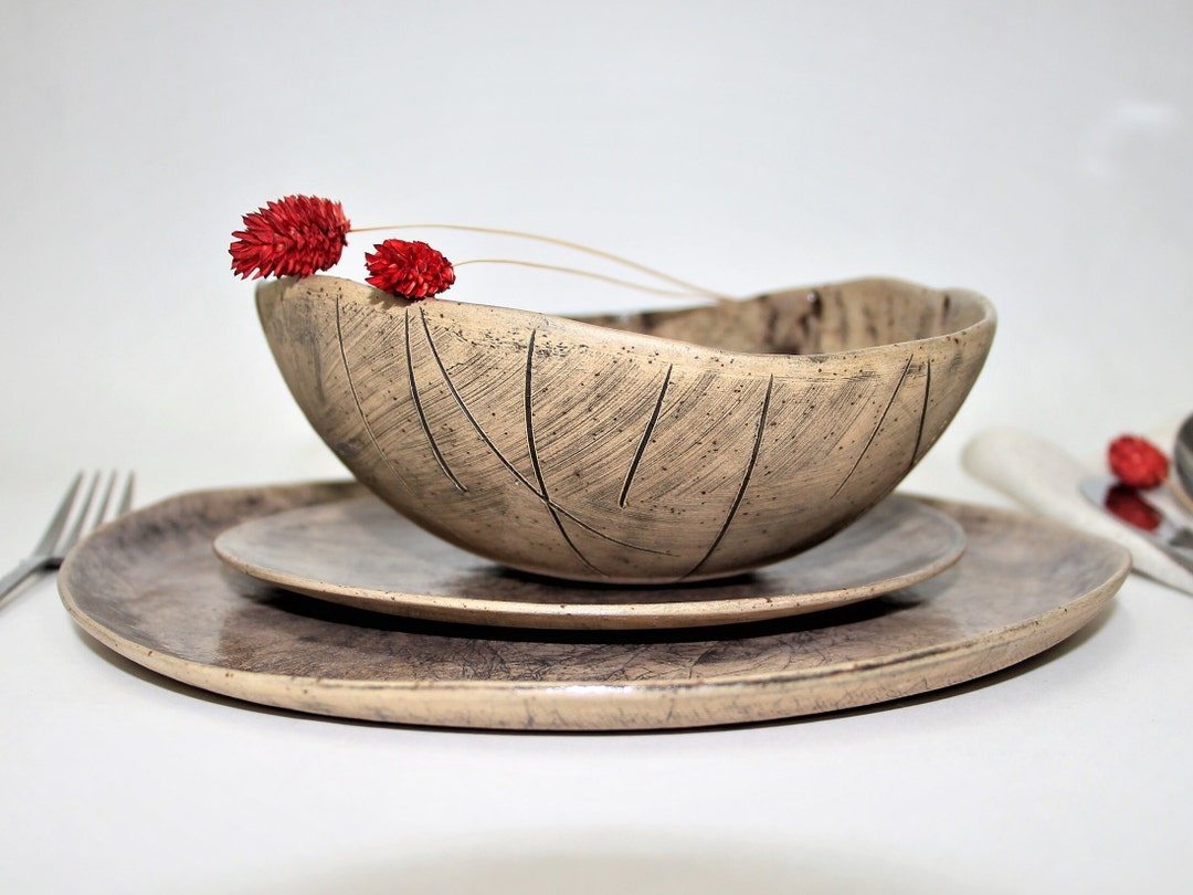 Handmade Ceramic Dinnerware Set – Rustic Pottery Plates and Bowl ...