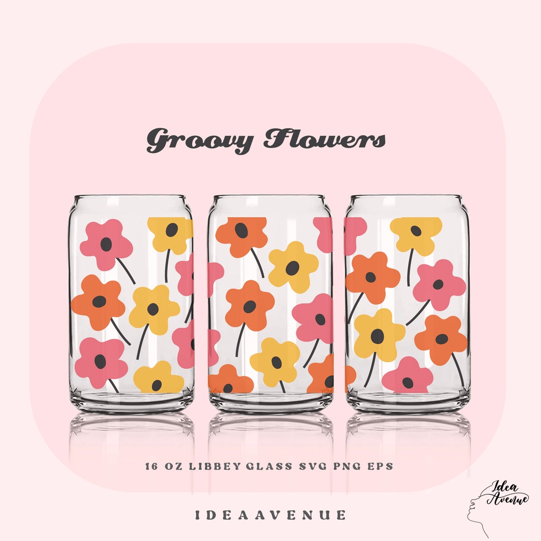 Groovy Flowers 16 Oz Can Glass Svg, Groovy Svg, Boho Flower 16oz Libby ...