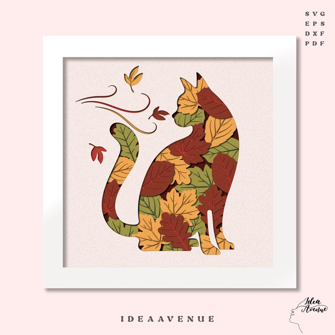 Fall Cat Shadow Box SVG: 3D Autumn Leaves Papercut (9x9 Inch Digital ...