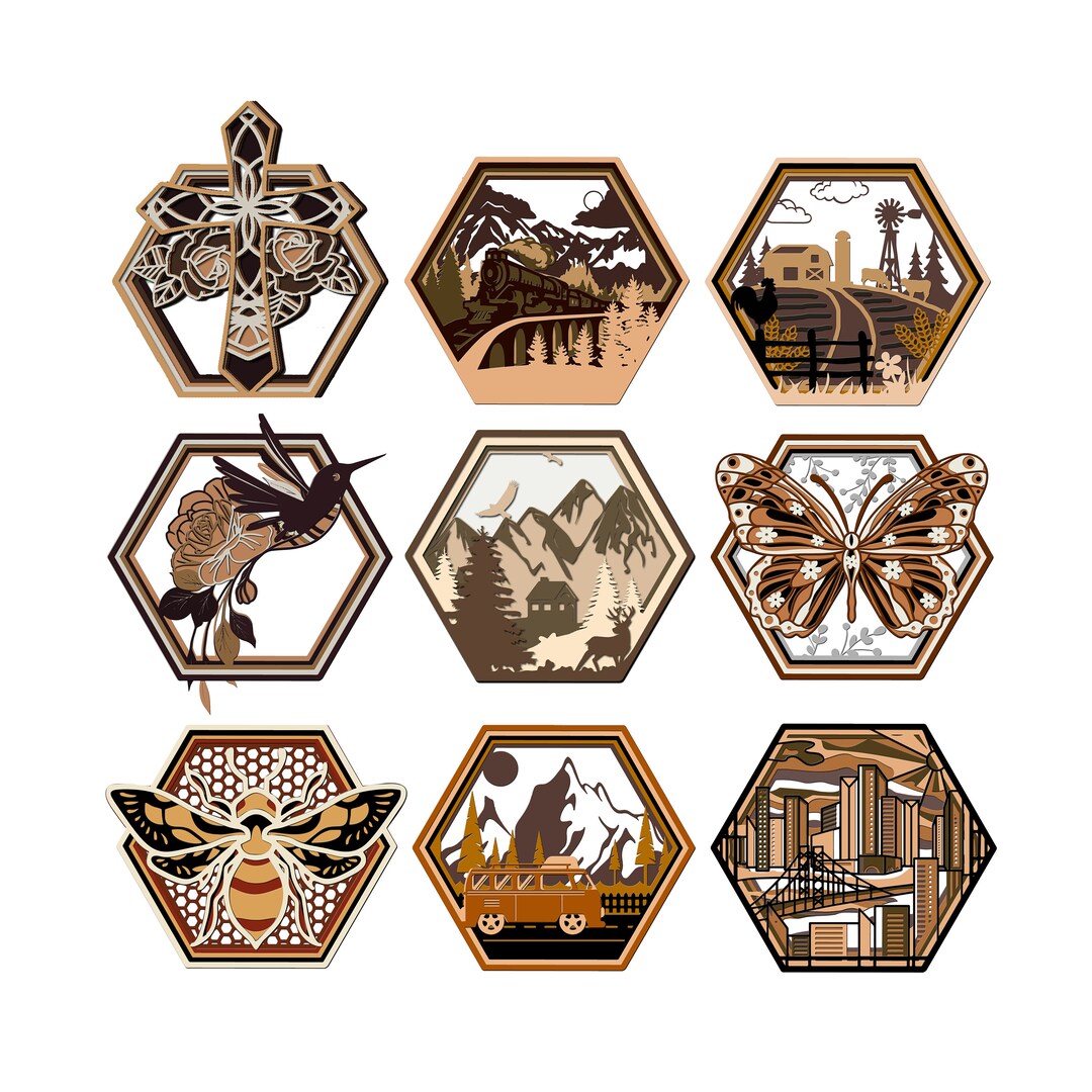 9 Designs Hexagon Shadow Box Bundle SVG, 5 Layer Art Piece Laser Ready ...