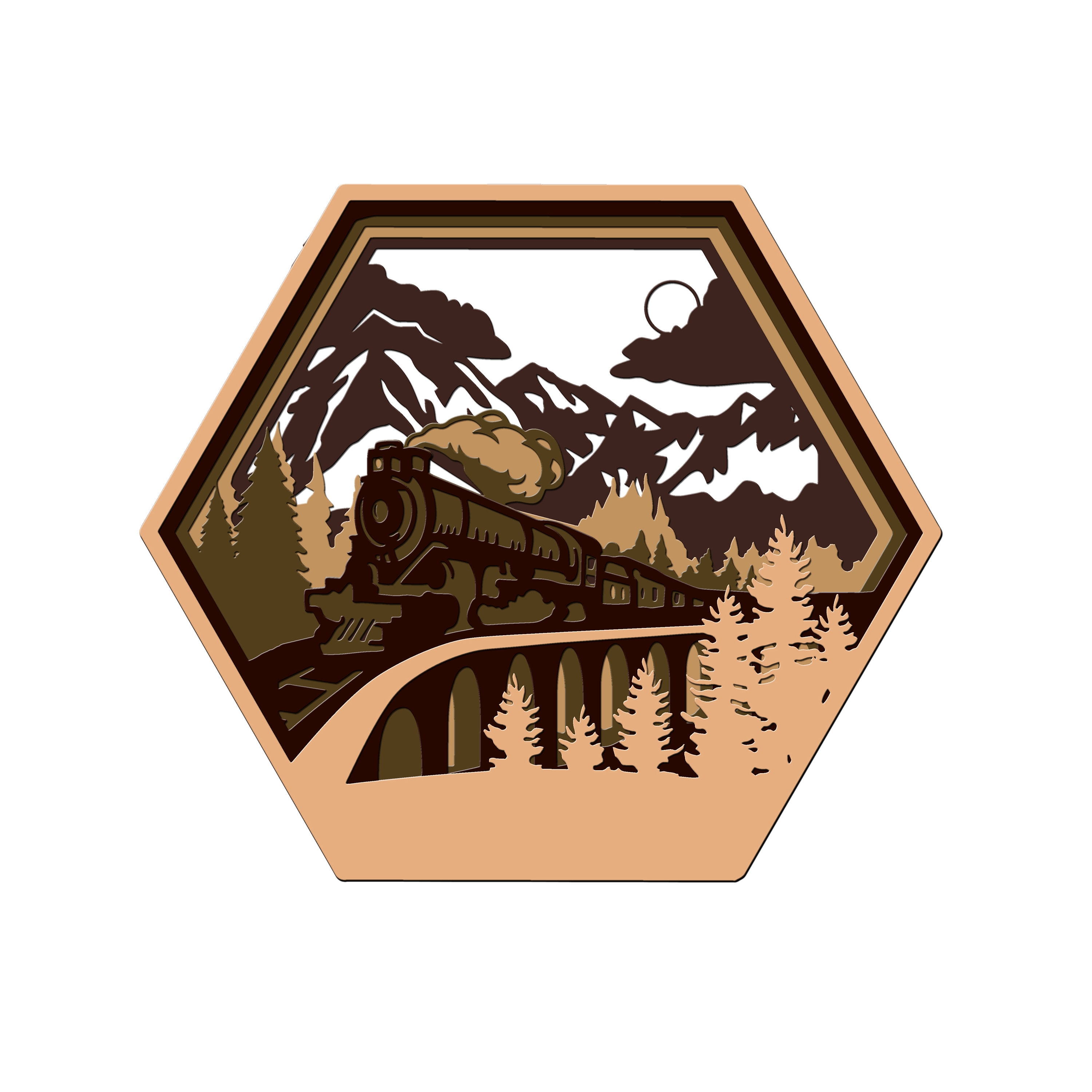 Train Hexagon Shadow Box SVG, 5 Layer Art Piece Wooden Train Laser Cut ...