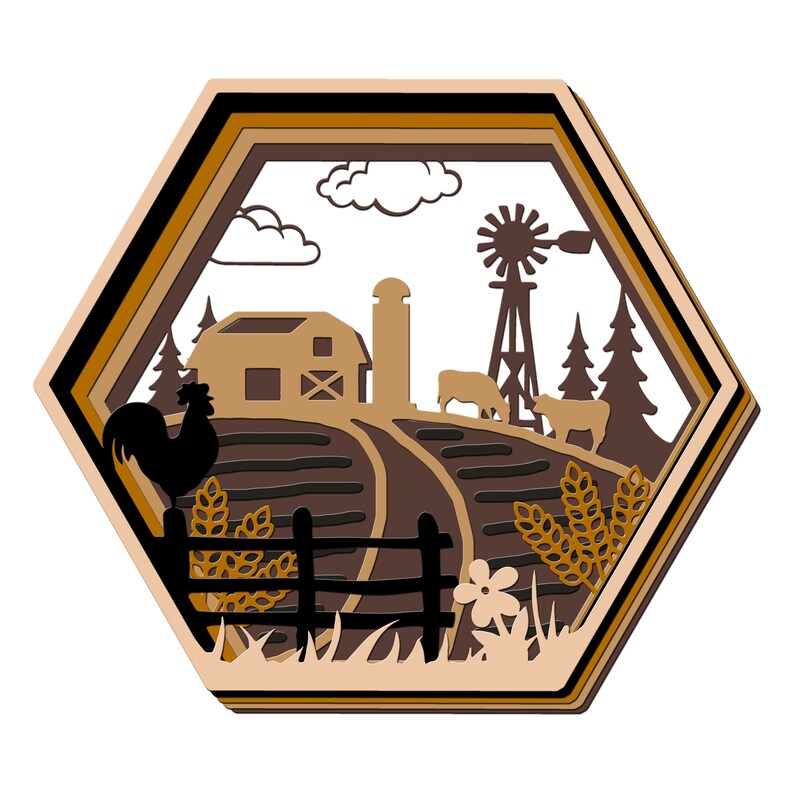 Farm Hexagon Shadow Box SVG, 5 Layer Art Piece Wooden Farm Laser Cut ...
