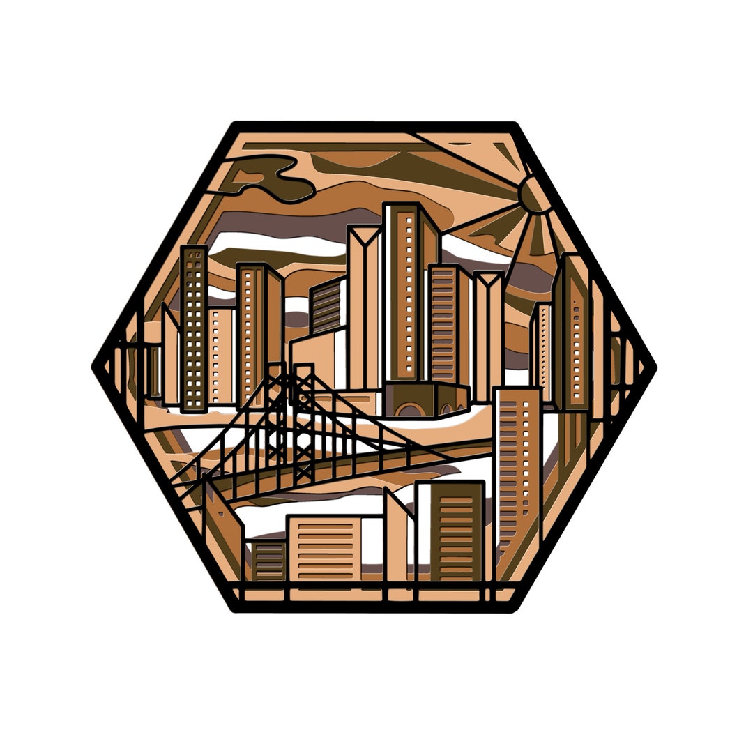 City Hexagon Shadow Box SVG, 5 Layer Art Piece Wooden Bridge Laser Cut ...