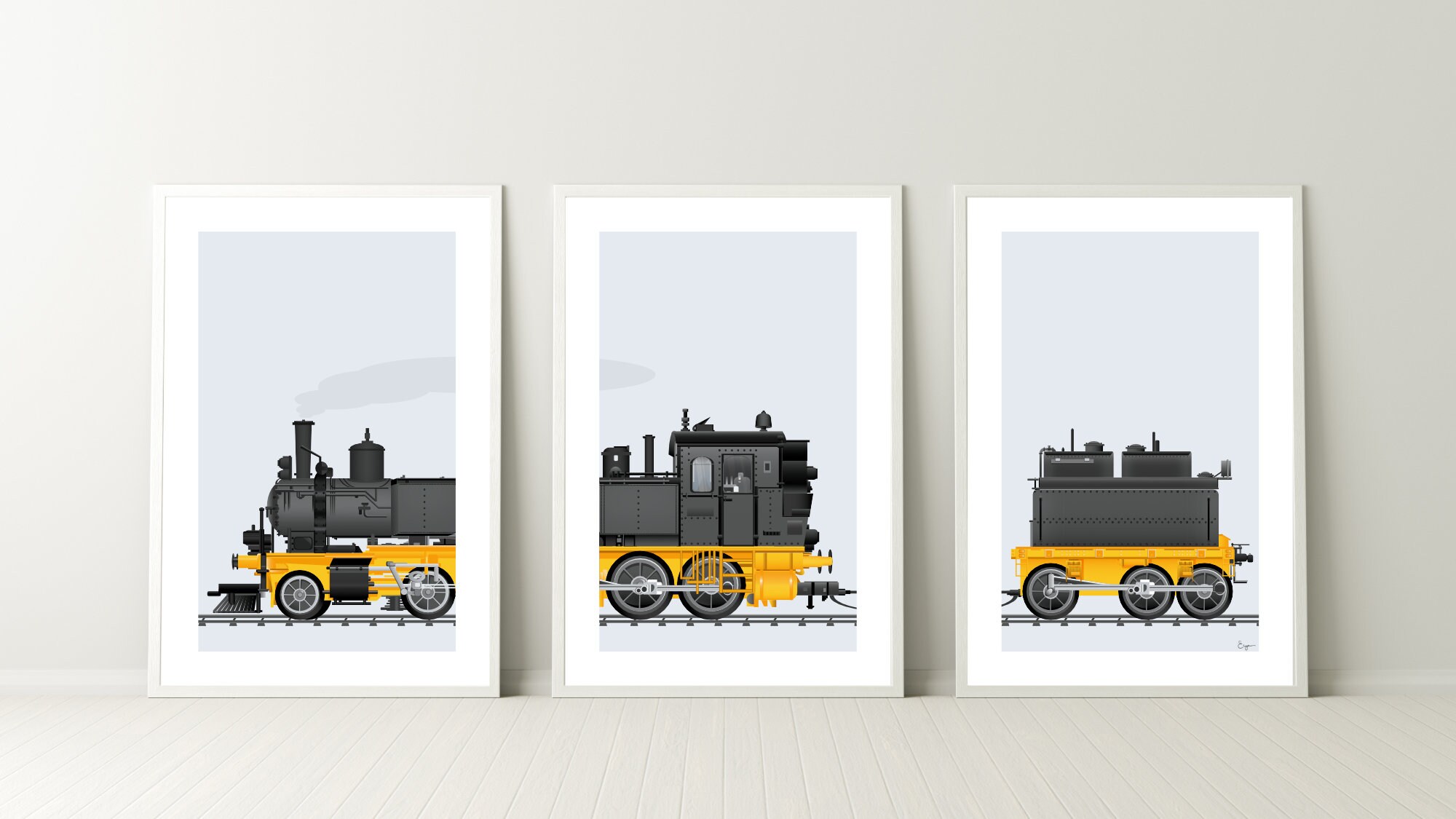 Tangerine Yellow Steam Train Set of 3 Digital Prints Digital | Etsy