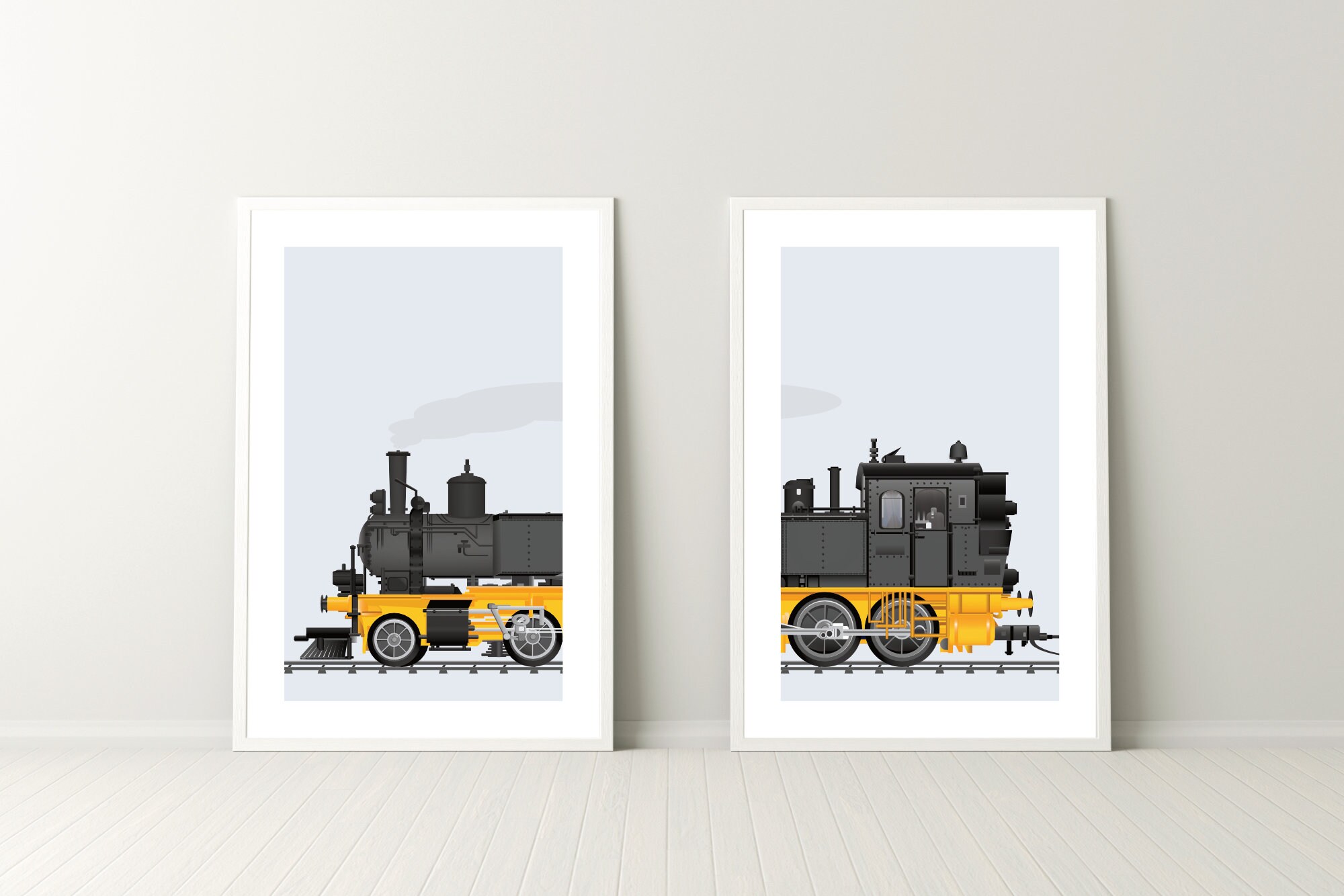 Tangerine Yellow Steam Train Set of 3 Digital Prints Digital | Etsy