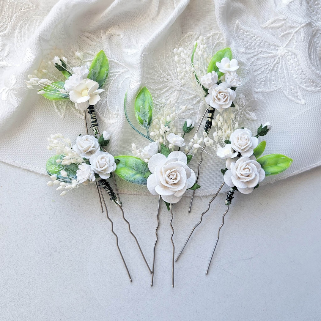 White Flower Hair Pins Set Dried Floral Hair Pins Wedding Flower Hair ...