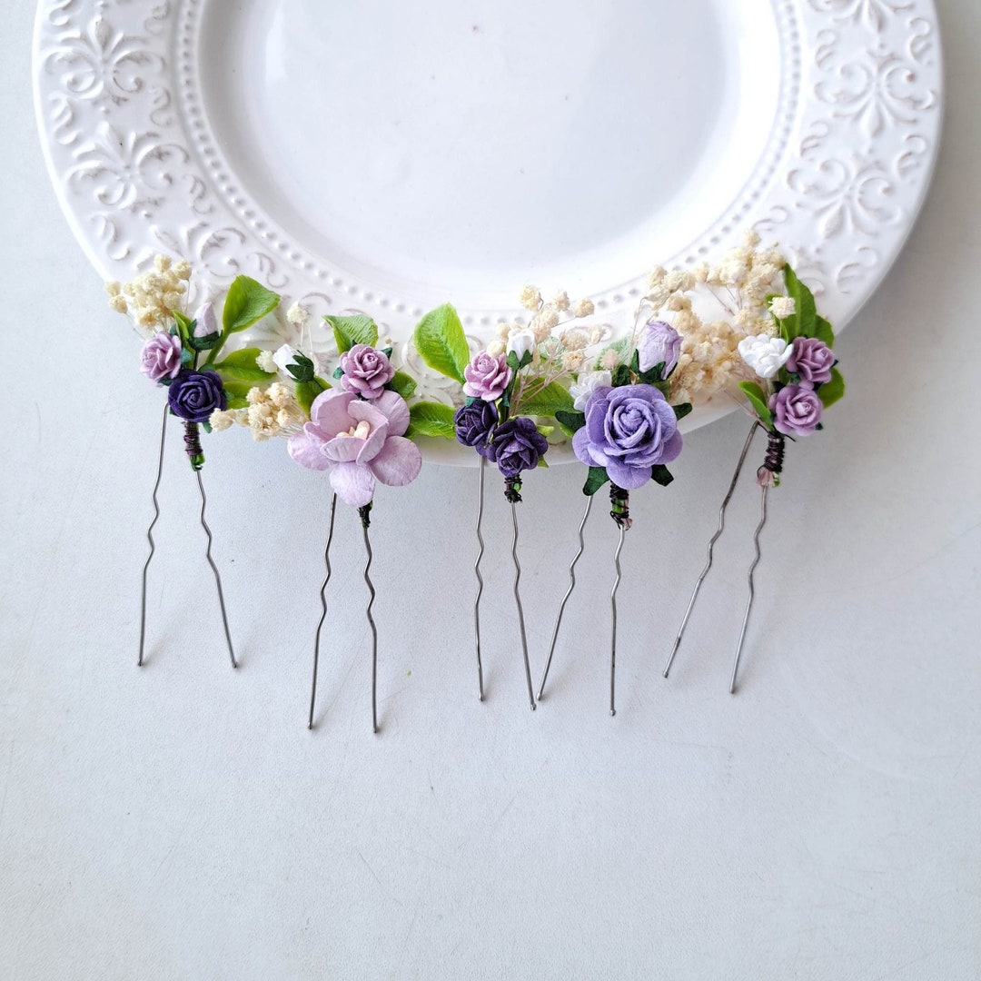 Purple Flower Hair Pins Set Dried Floral Hair Pins Ivory Lavender Bobby