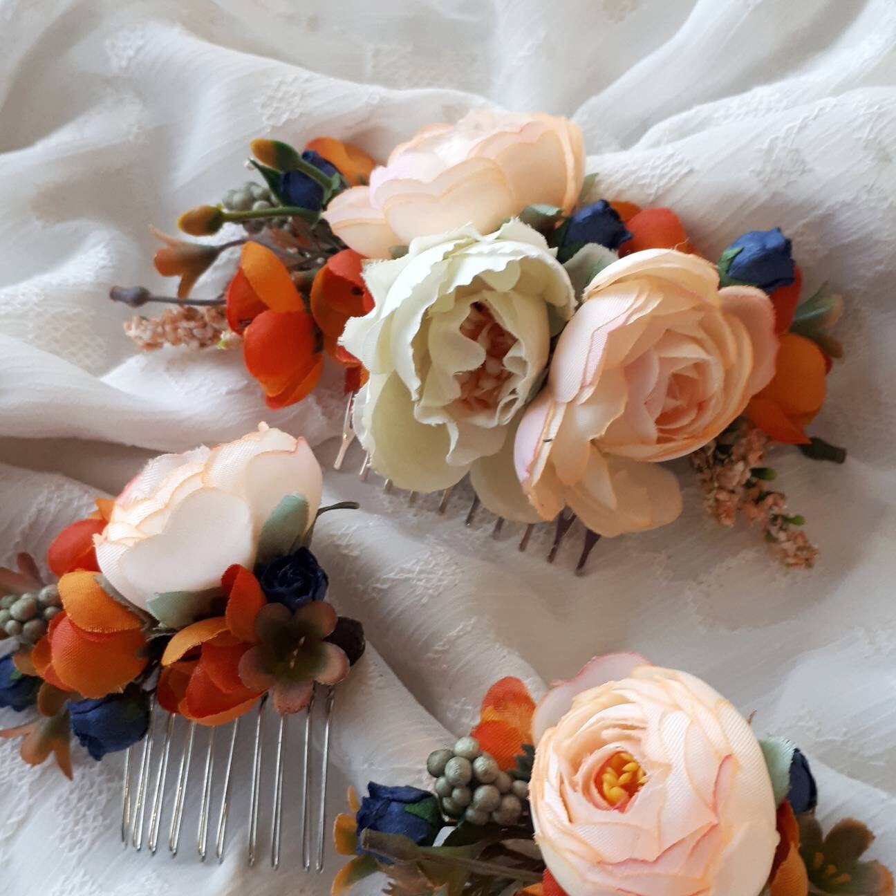 Rust and Dusty Blue Wedding Hair Accessories Orange Blue Flower Comb - Etsy