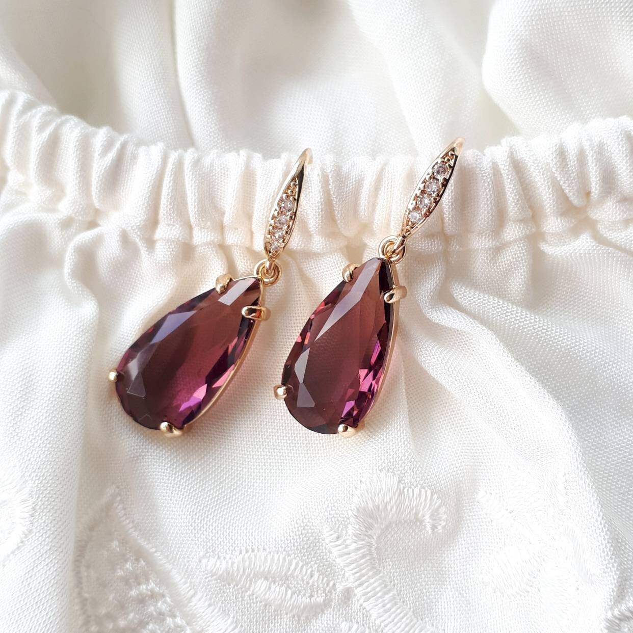 Burgundy bridal drop earrings Maroon earrings for wedding | Etsy