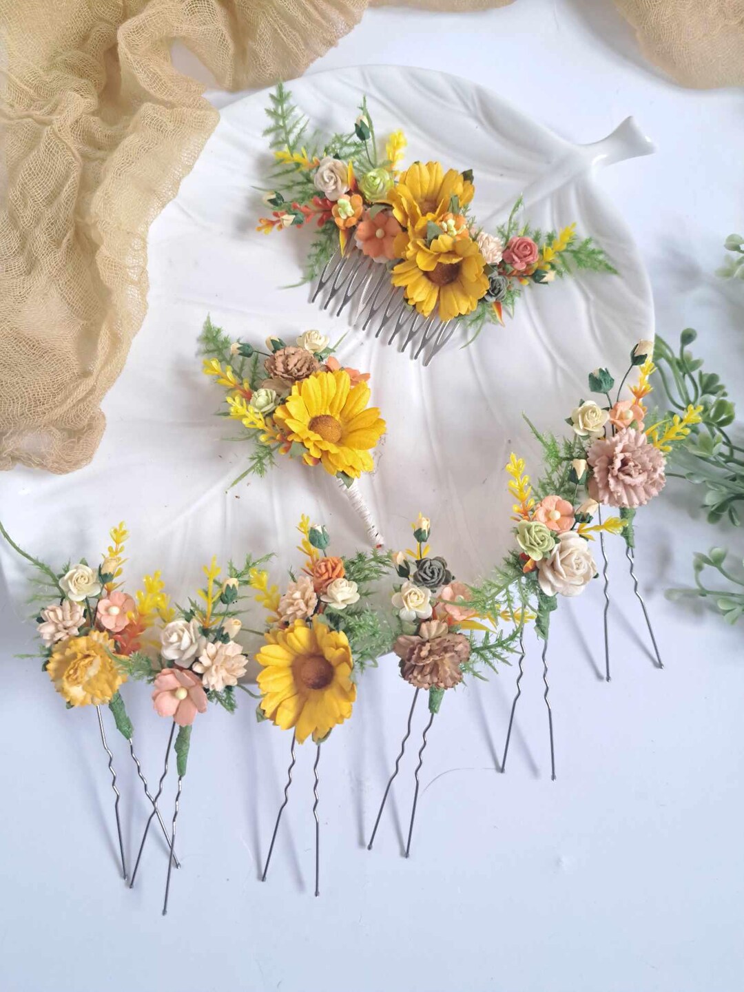 Fall Wedding Flower Hairpiece Yellow Orange Wedding Flower Pins Yellow ...