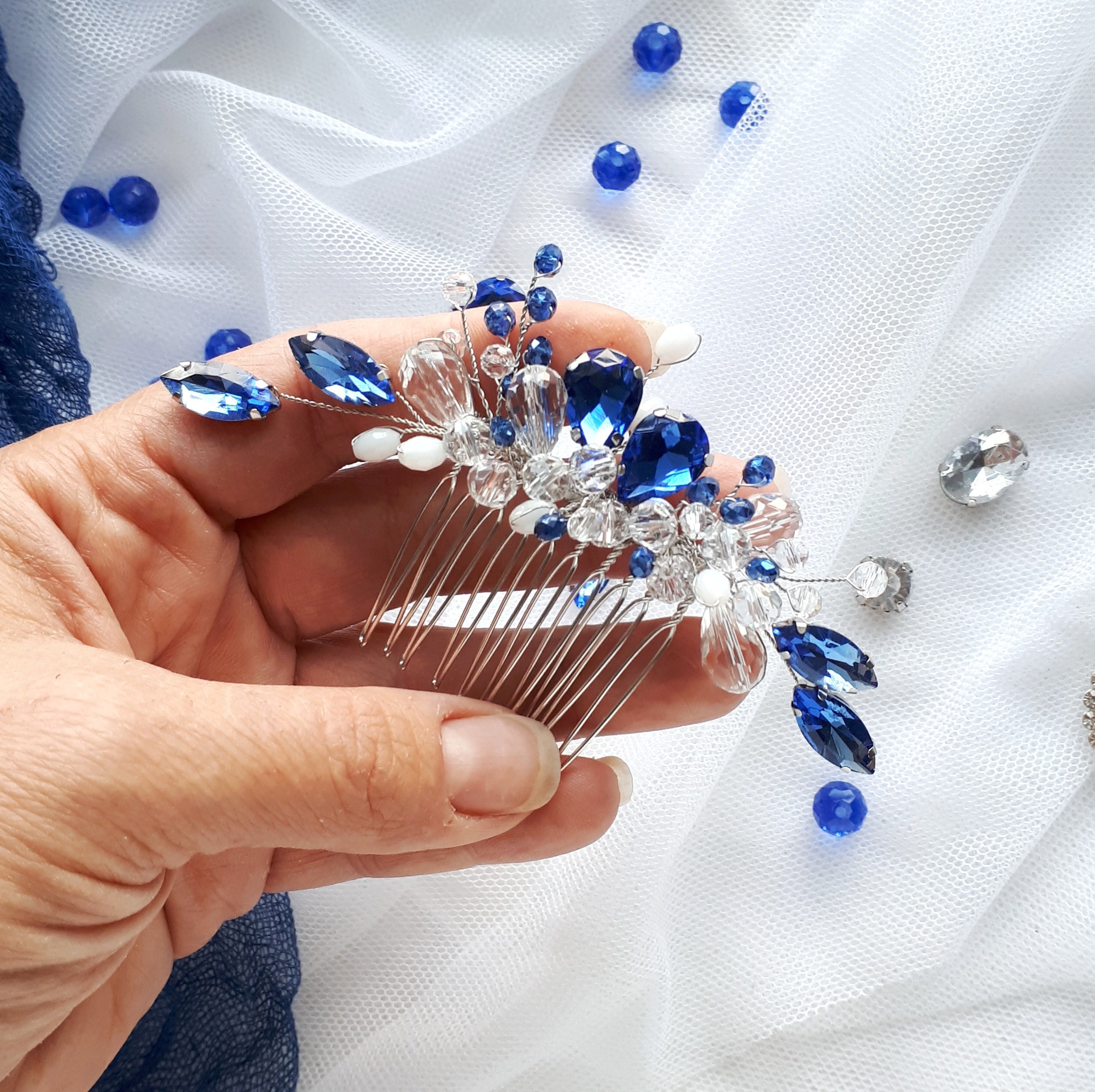 Blue rhinestone hair comb Wedding hair piece navy blue | Etsy