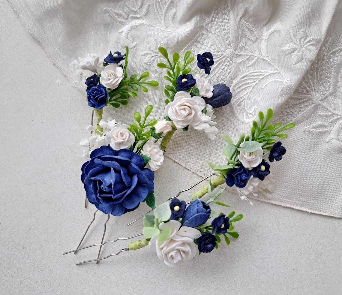 Navy Blue Flower Hair Pins Blue White Bridal Hair Piece Set Dried ...
