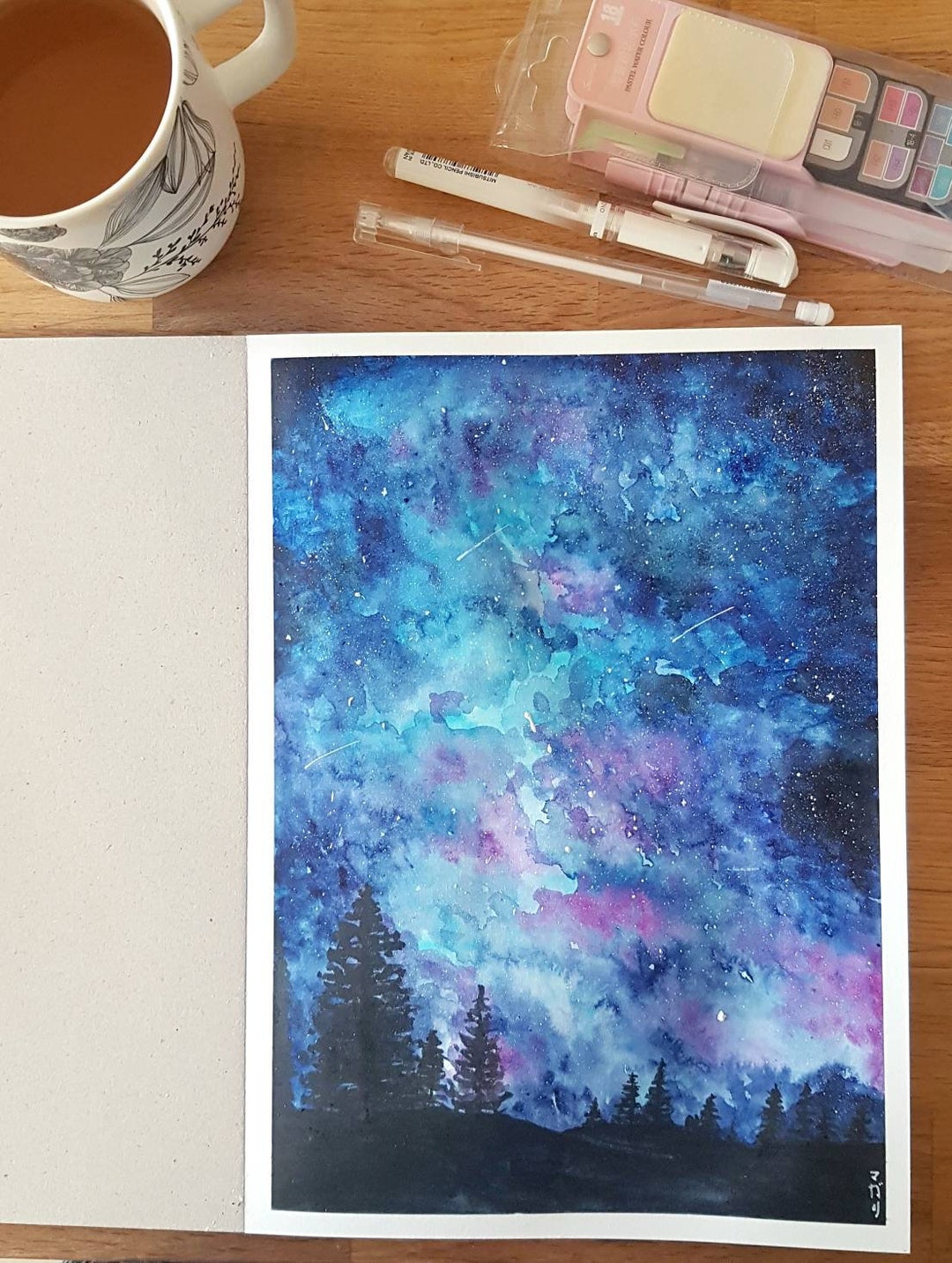 Starry Sky in Watercolor, Star, Painting, Tree, Fir, Handmade, Sky ...