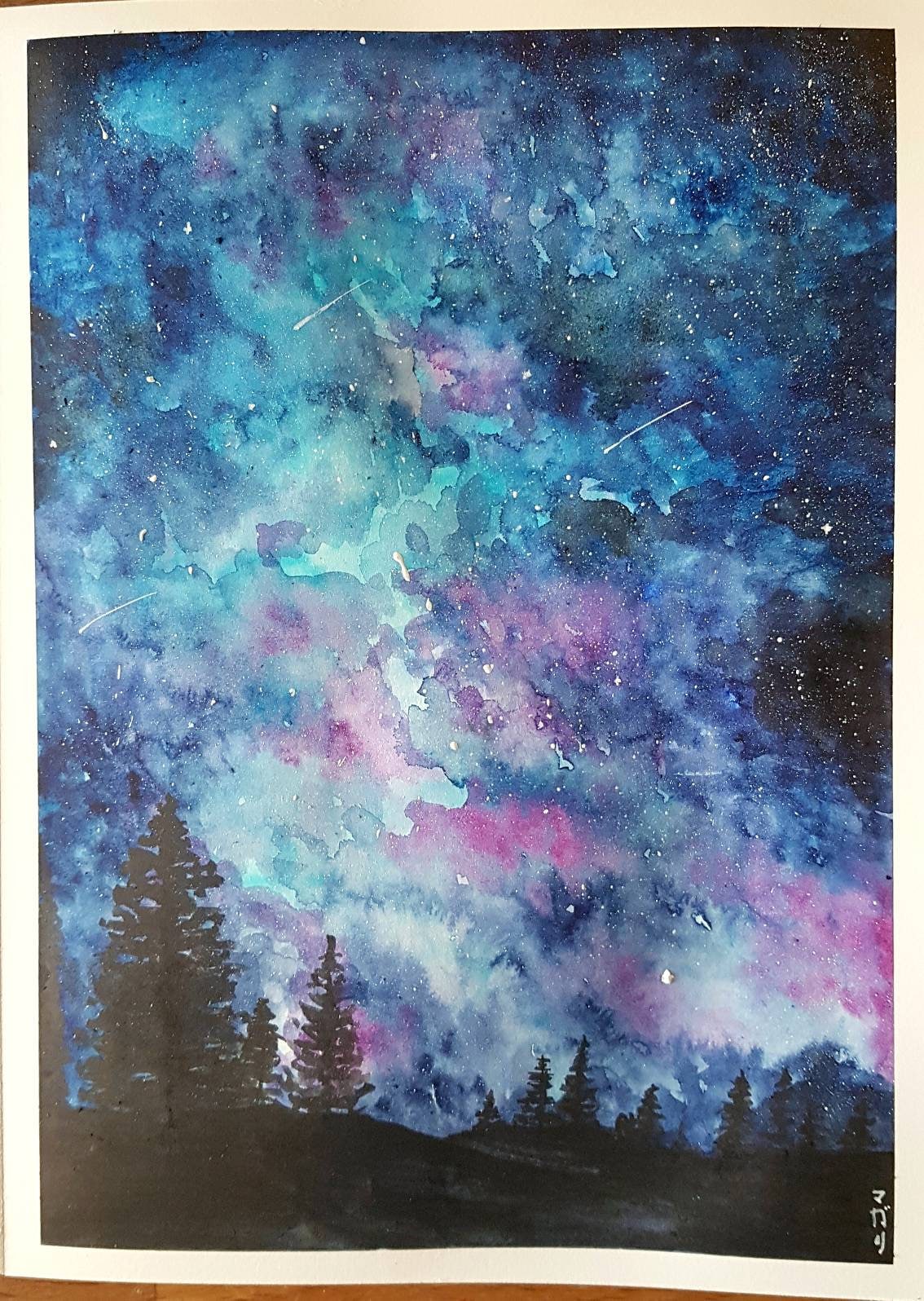 Starry Sky in Watercolor, Star, Painting, Tree, Fir, Handmade, Sky ...