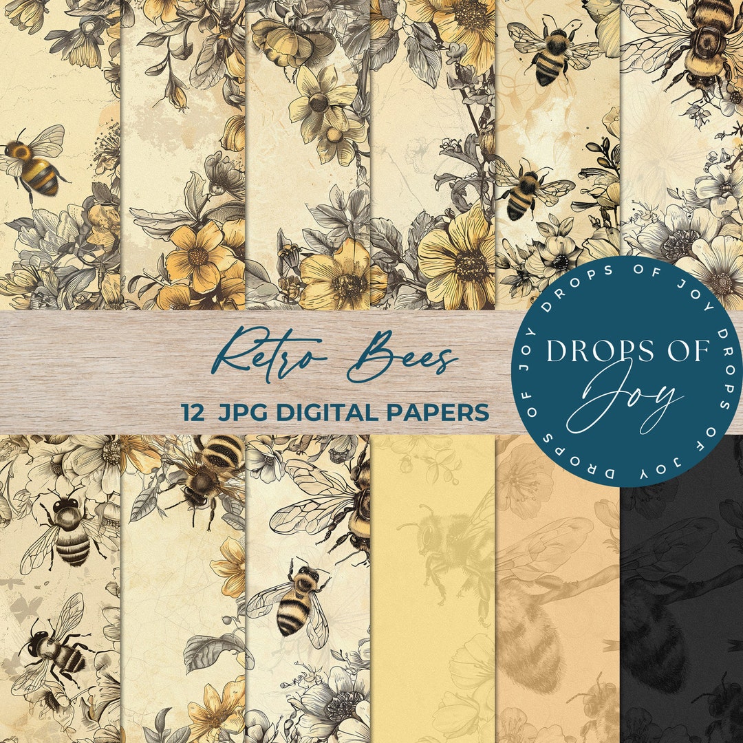 Retro Bees Digital Paper - Scrapbook Papers - Junk Journal - Wedding ...