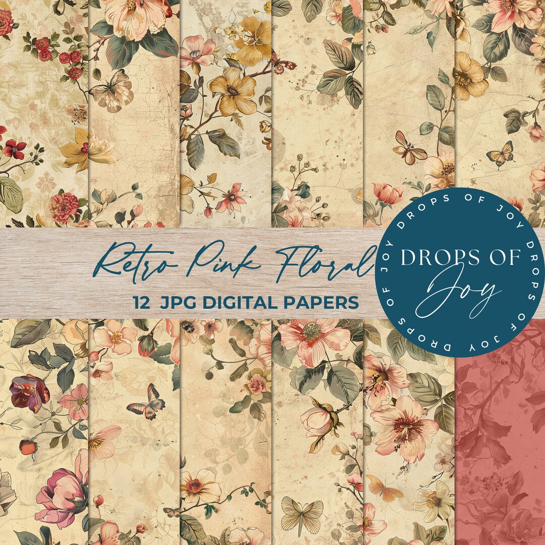 Retro Pink Floral Digital Paper - Scrapbook Papers - Junk Journal ...