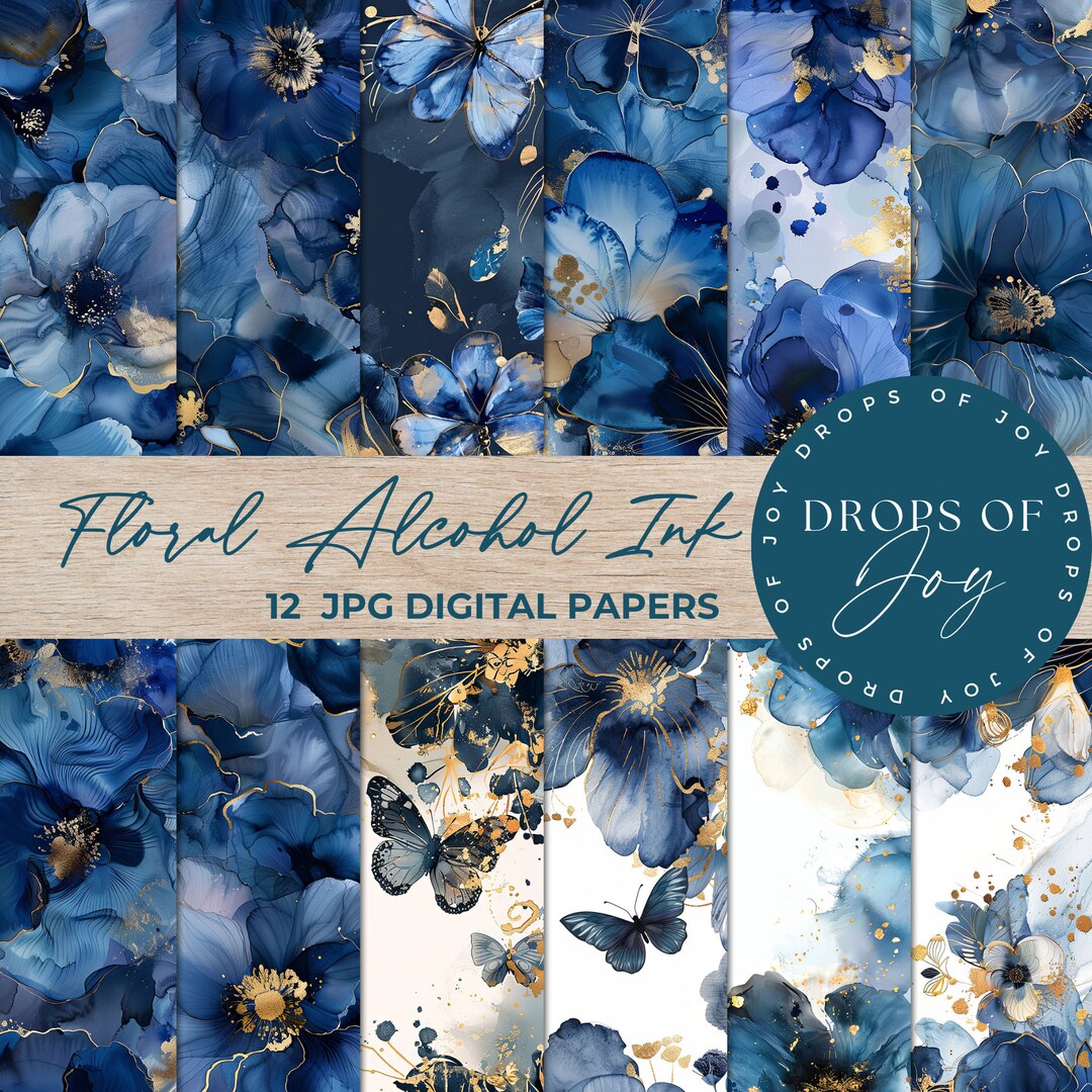 Navy Blue Floral Alcohol Ink Paper - Scrapbook Paper - Junk Journal - Wedding Stationery ...