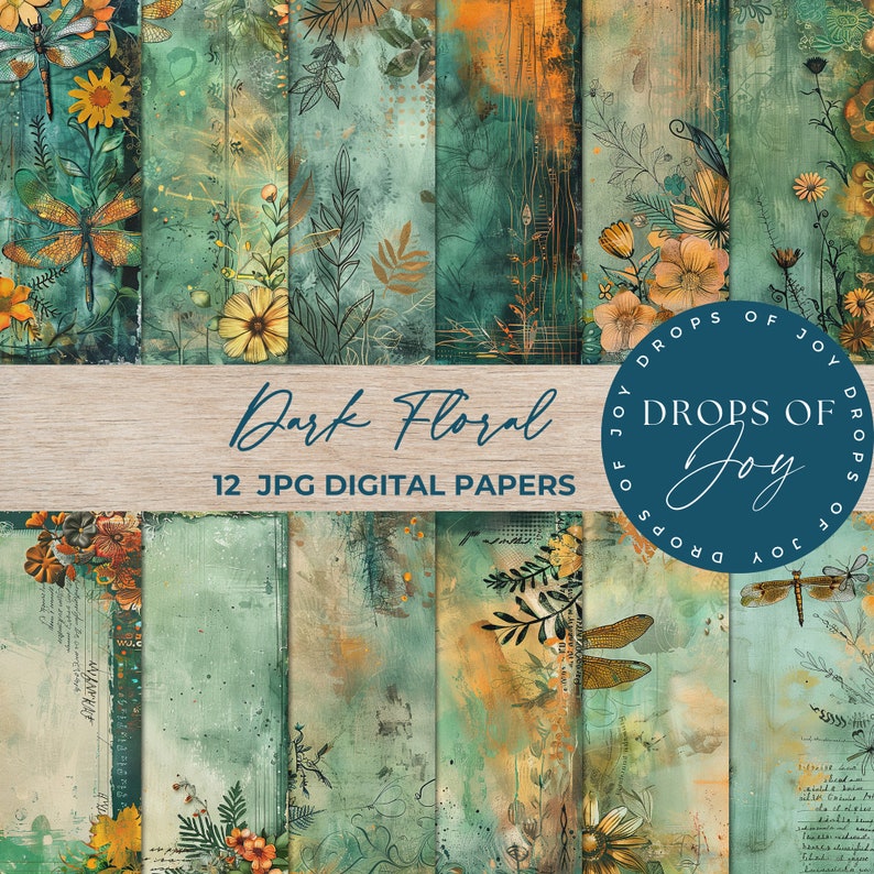 Dark Floral Digital Paper - Grunge Botanical Backgrounds - Flower and ...