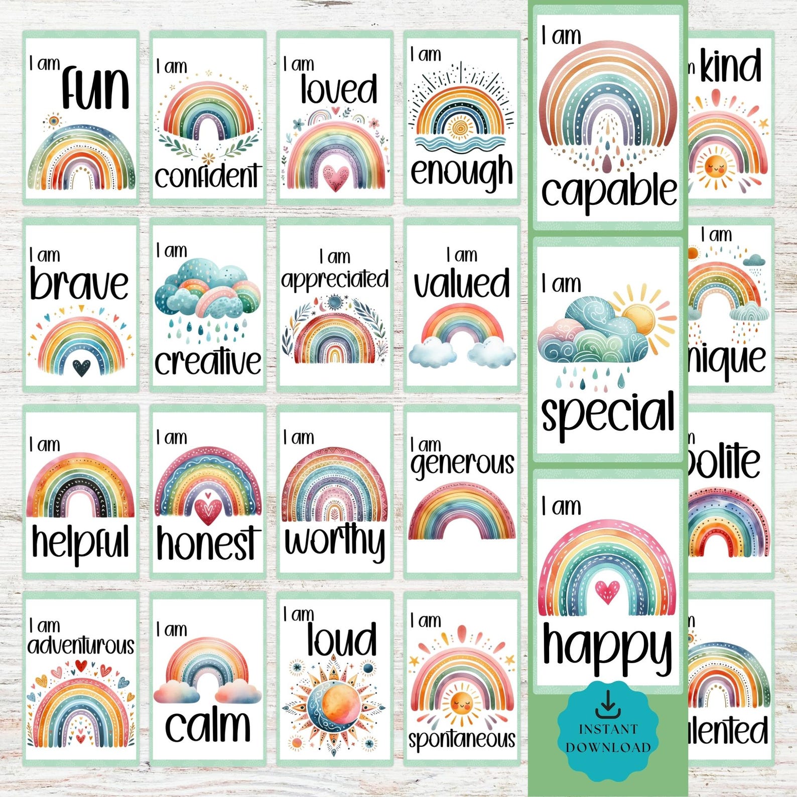 Boho Rainbow Affirmation Cards for Kids | Inspirational Notes for Girls ...