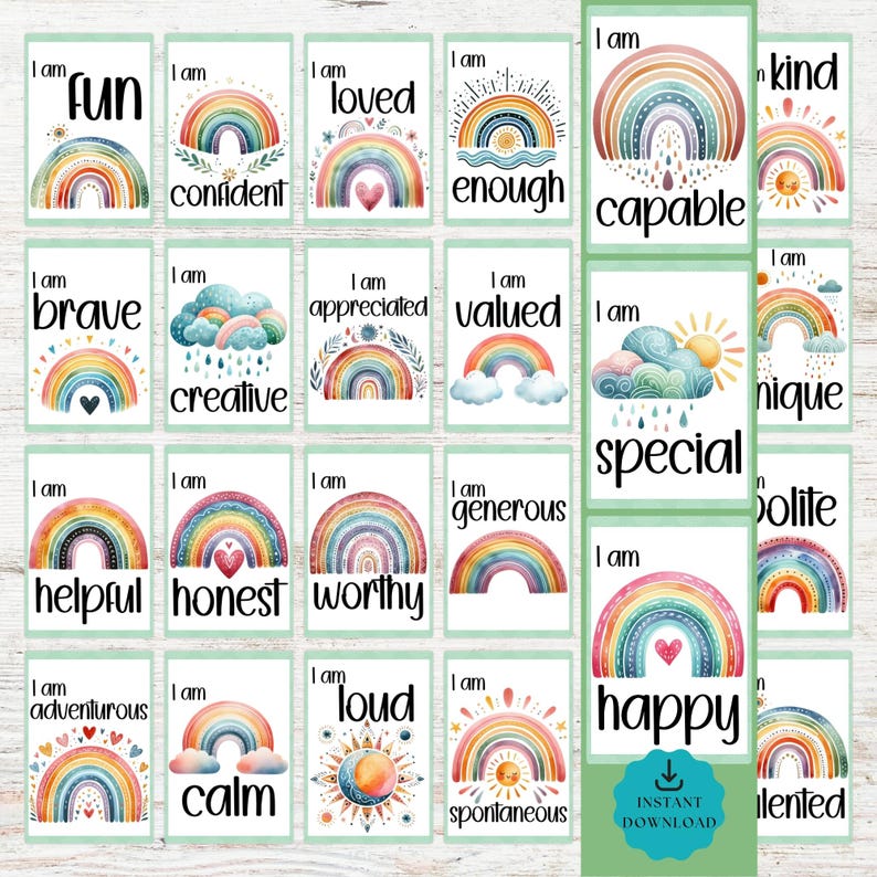 Boho Rainbow Affirmation Cards for Kids | Inspirational Notes for Girls ...