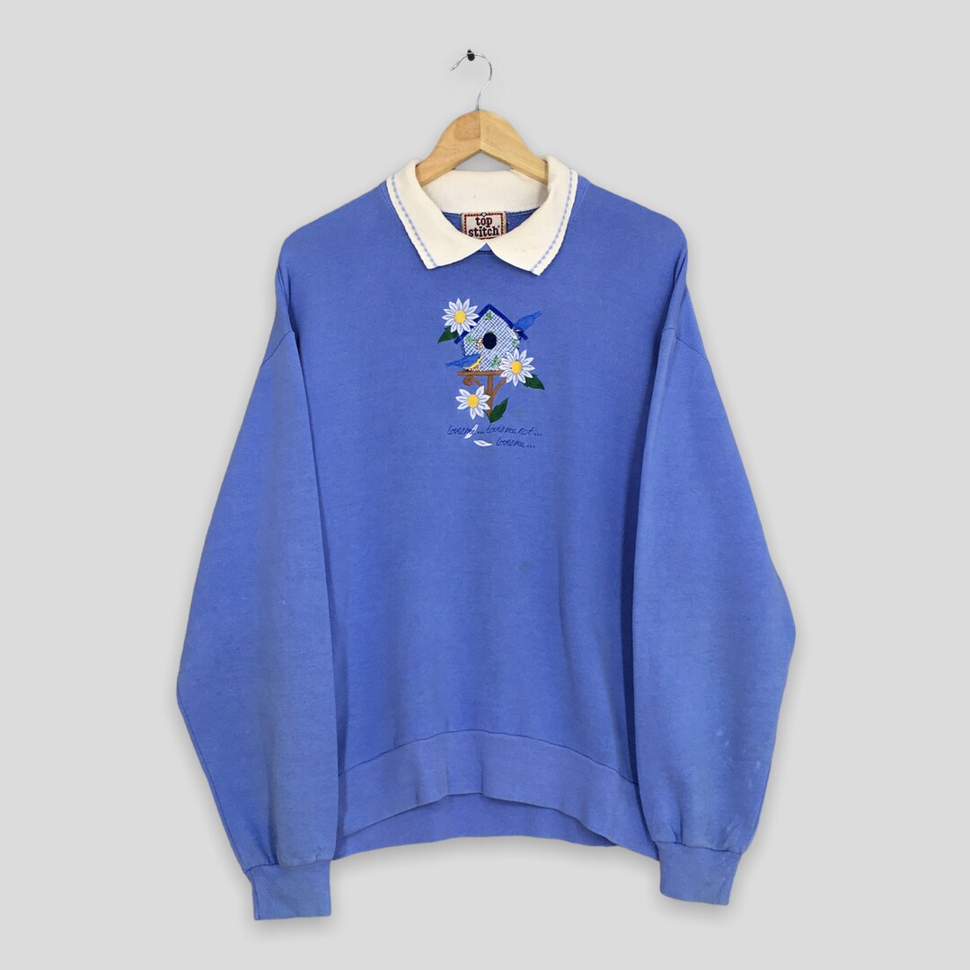 Vintage 90s Top Stitch Bird House Sweatshirt Large Blue Birds Floral ...
