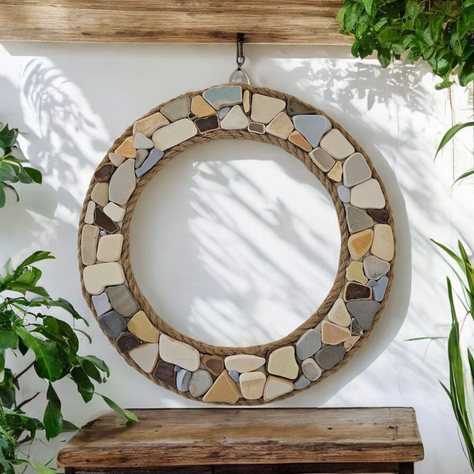 12" Beach Pottery Wreath With Hemp Rope Finish - Etsy