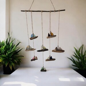 Driftwood Sailing Boat Mobile: Seaglass & Pottery Nautical Wind Chime ...