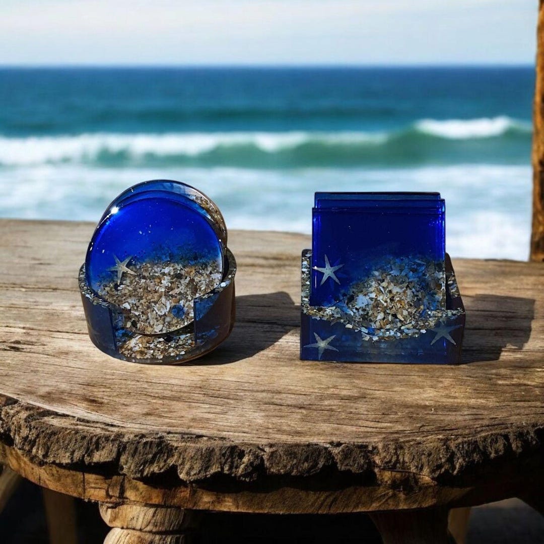 Handcrafted Beach Resin Coaster Set: Shells, Sand & Starfish - Etsy