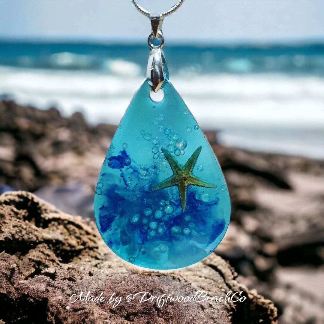 Handcrafted Resin Waterdrop Necklace: Real Starfish, Ocean Blue - Etsy