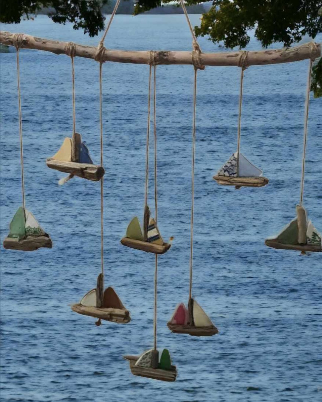 Driftwood Sailing Boat Mobile: Seaglass & Pottery Nautical Wind Chime ...