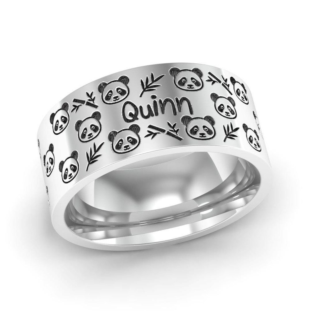 Custom Panda Band Ring With Name, Sterling Silver Panda Ring, Panda ...