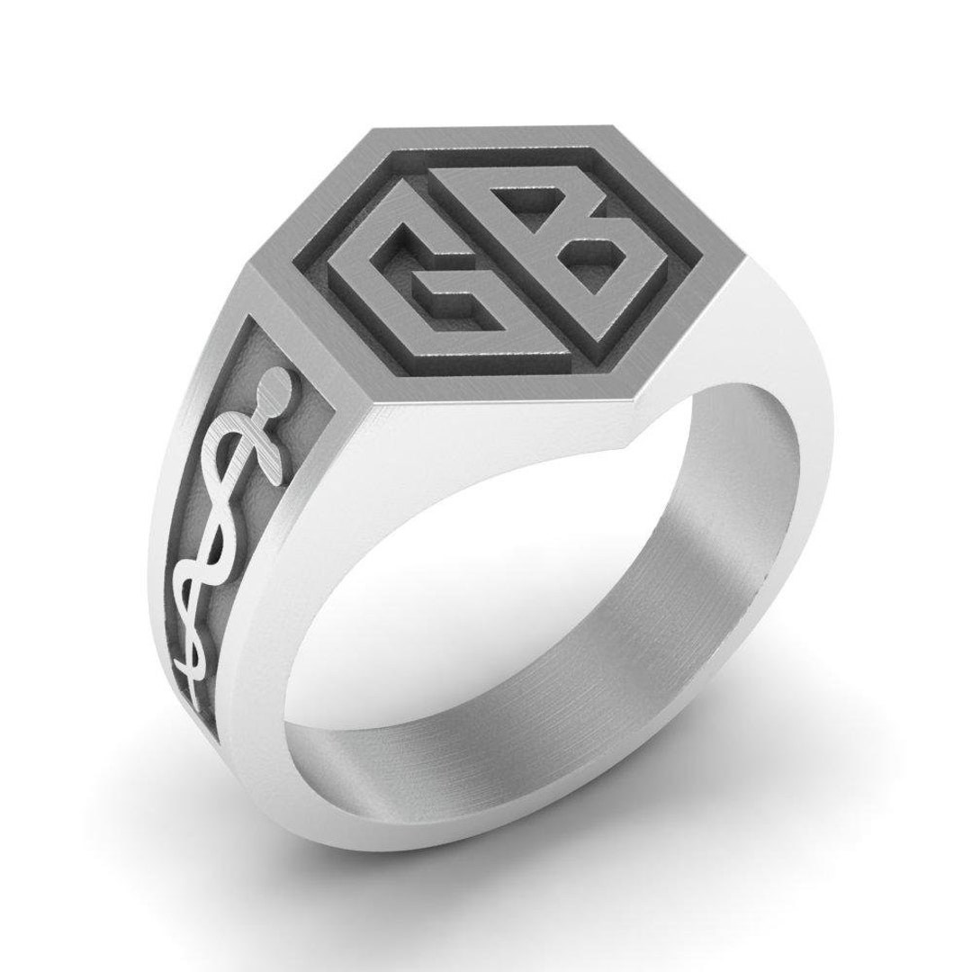 Rod of Asclepius Signet Ring With Monogram Initials, Sterling Silver Signet Ring, Rod of ...